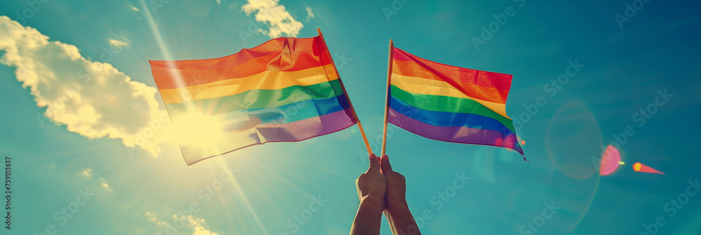 Rainbow Pride Flags On Clear Blue Sky Symbol Of Tolerance And