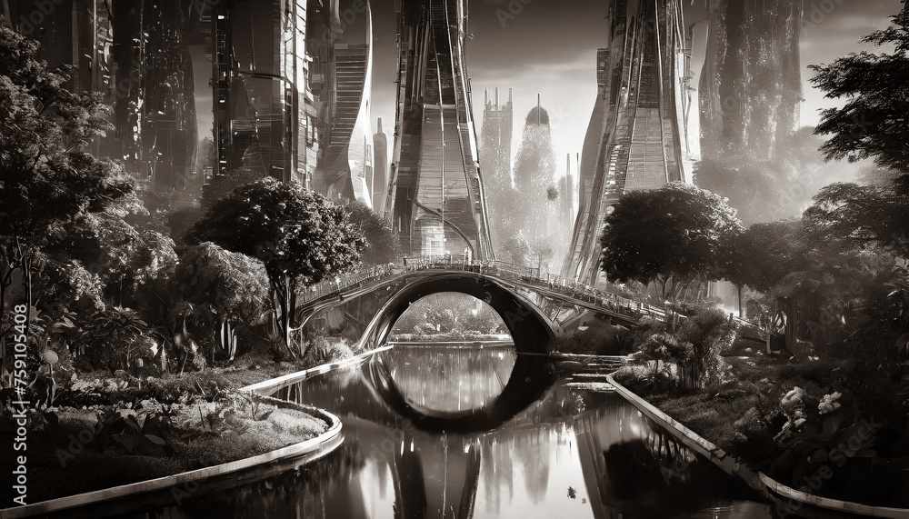 Explore the utopian cityscape of the future, rendered in striking black ...