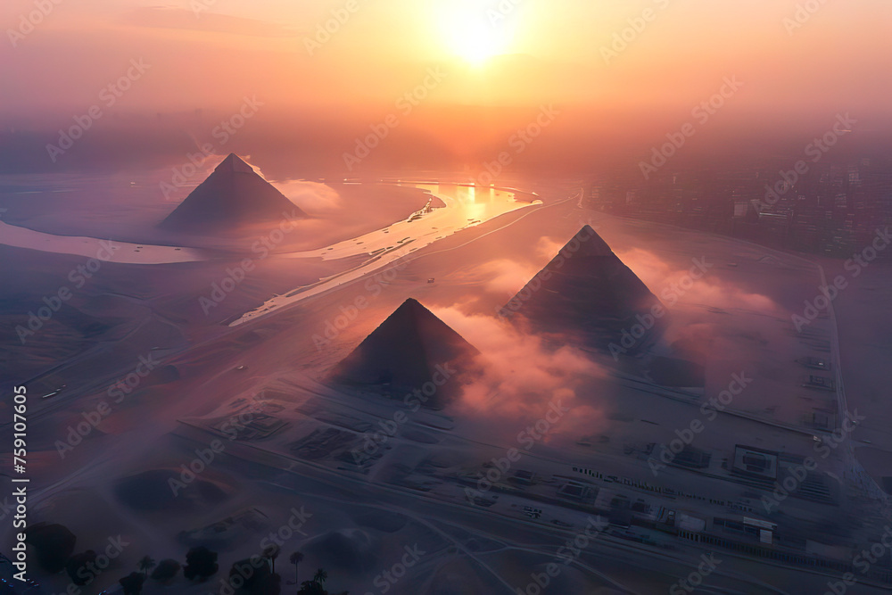 The sun rises over the iconic Egyptian pyramids at Giza, casting a warm ...