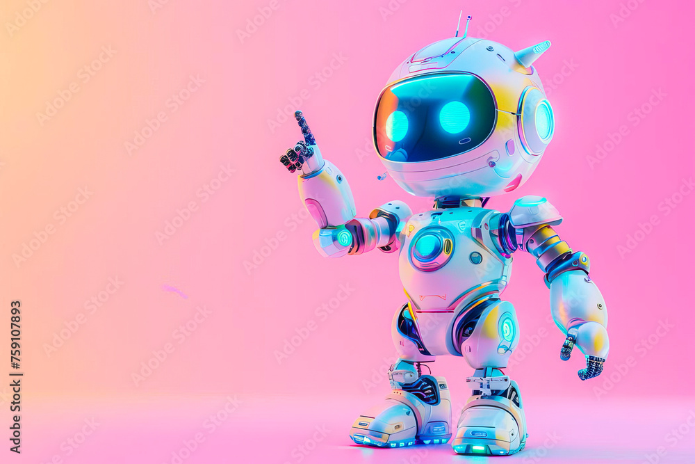 A robot holding a gun and pointing at something in the distance. Stock ...