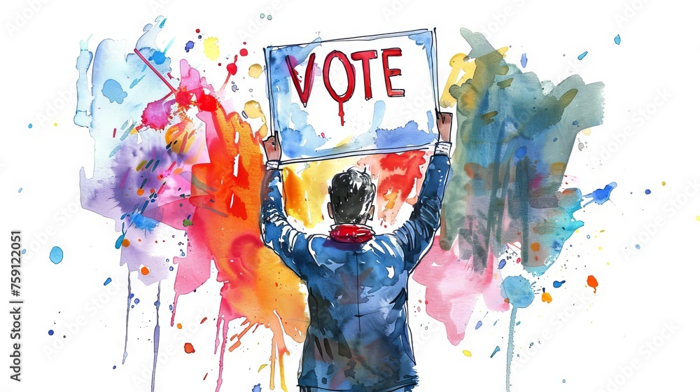 Rear view of man holding up a VOTE sign, set against a vibrant ...