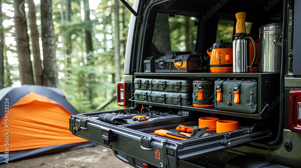 modular overland gear storage system inside a vehicle at forest ...