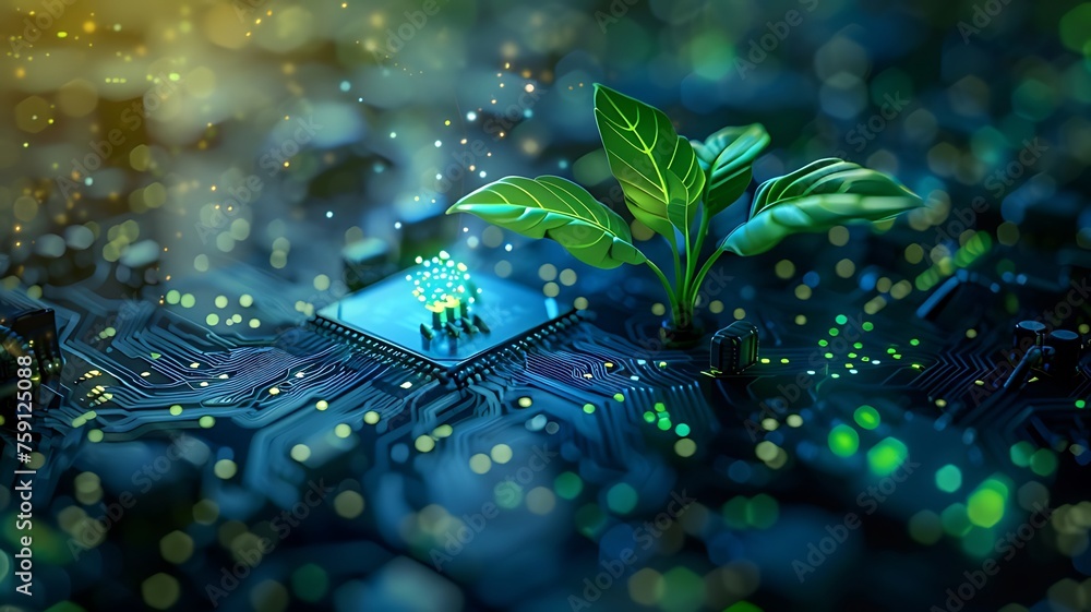 A glowing plant growing on a computer chip representing digital ecology ...
