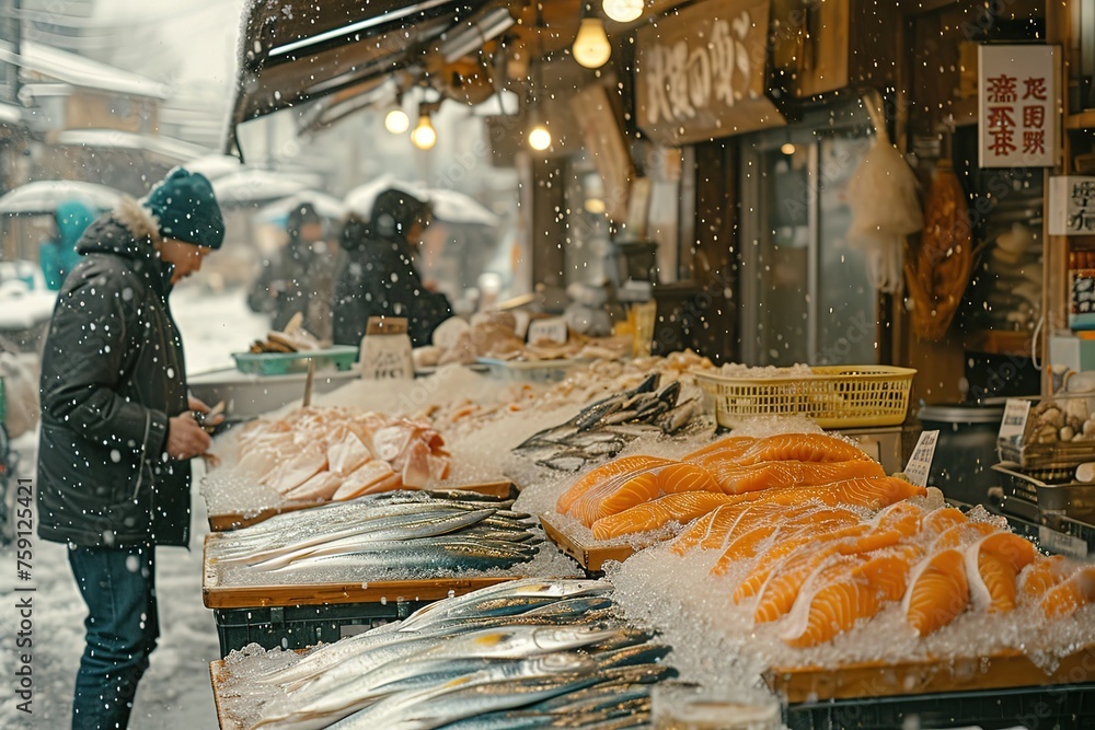 Produce an image of a bustling fish market with fresh seafood on ice ...