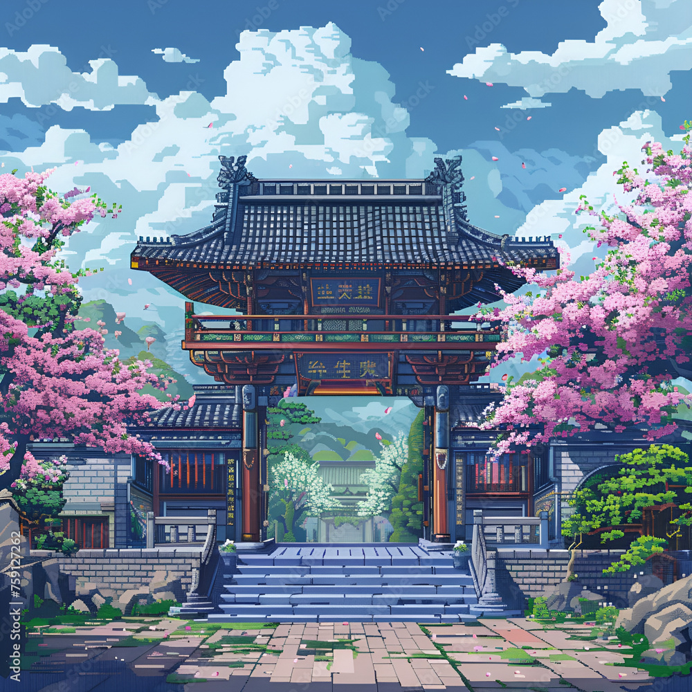 Enchanting pixel art, grand traditional Asian gateway, tranquil ...