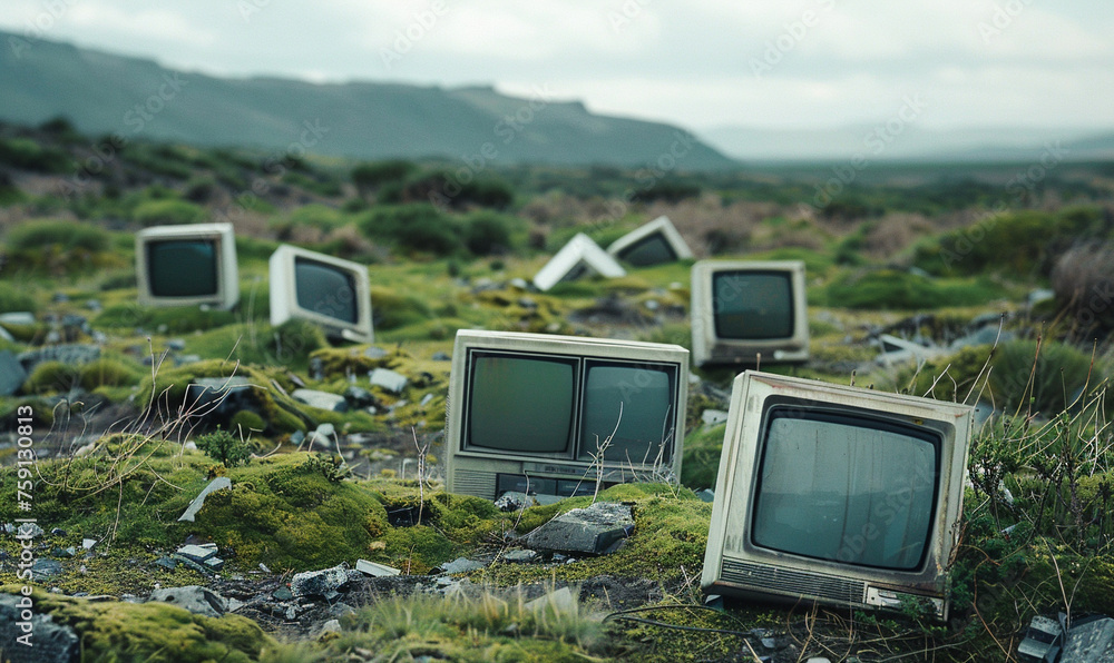 Outdated technology abandoned in nature, computer monitors littering a ...