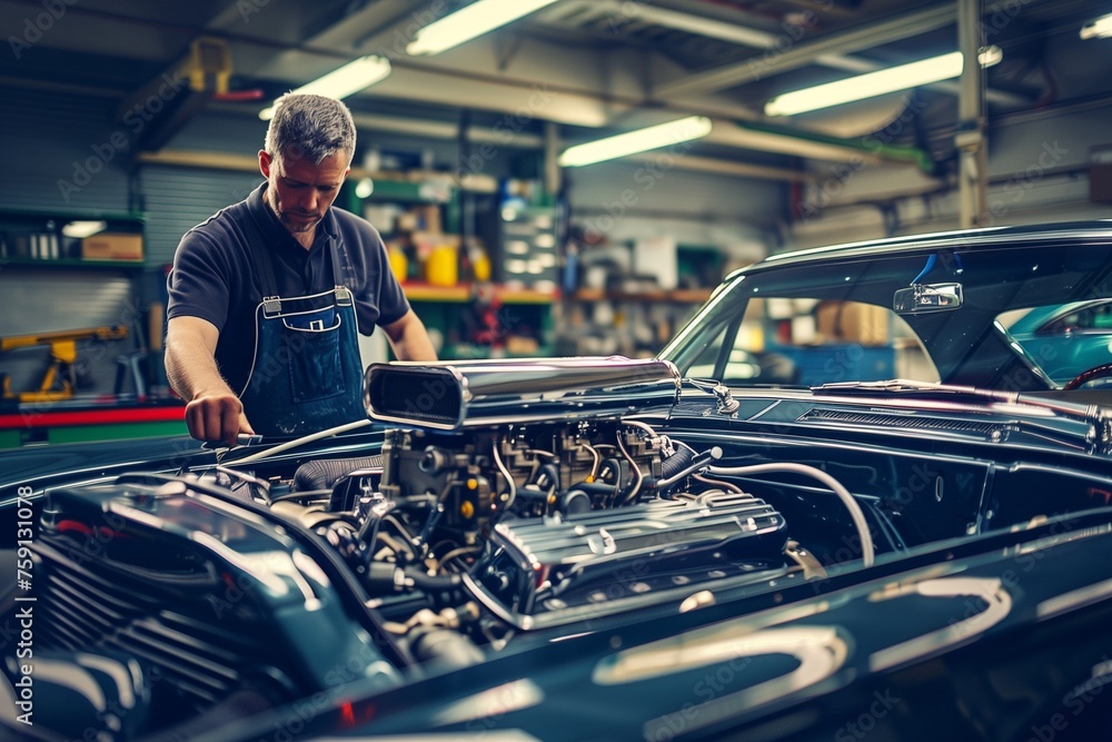 Dedicated auto mechanic fine-tuning a classic car's engine for optimum ...