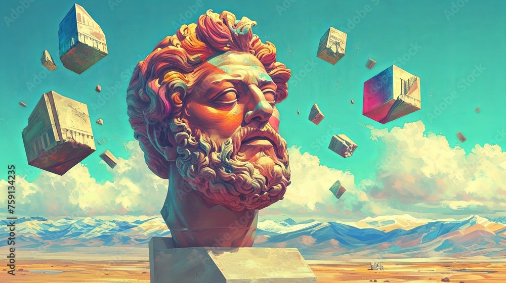 Artistic composition with floating cubes and sculpted male head in ...