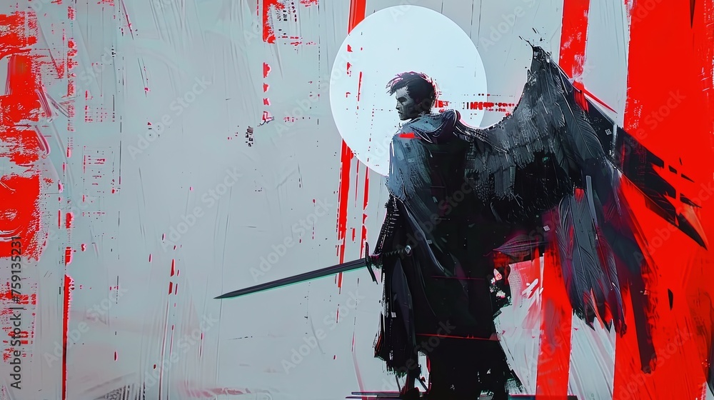 A fallen angel with outstretched wings and a sword in his hand. A ...