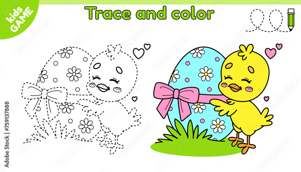 Kids educational Easter game Tracing lines. Cartoon chick hugs the ...