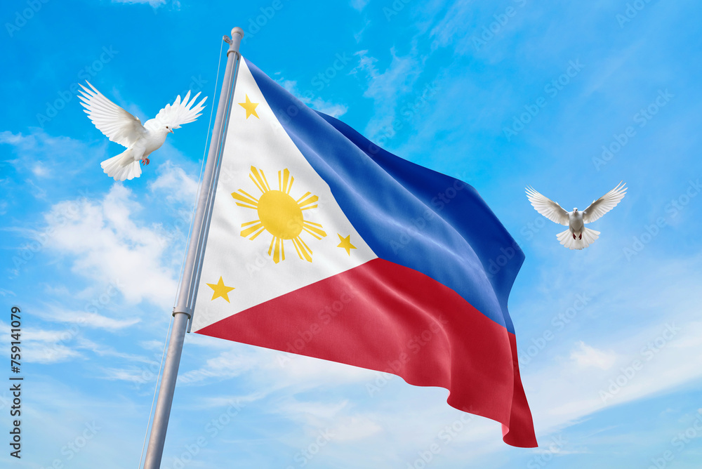 Waving flag of Philippines in beautiful sky and flying pigeons ...