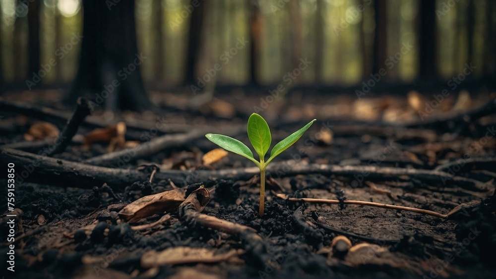 A charred and blackened forest floor with a single sprouting seedling ...