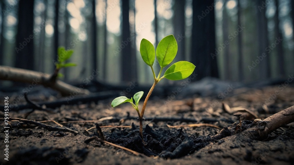 A charred and blackened forest floor with a single sprouting seedling ...