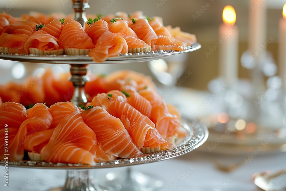 Elegant three-tiered tray displaying smoked salmon canapés on a table ...