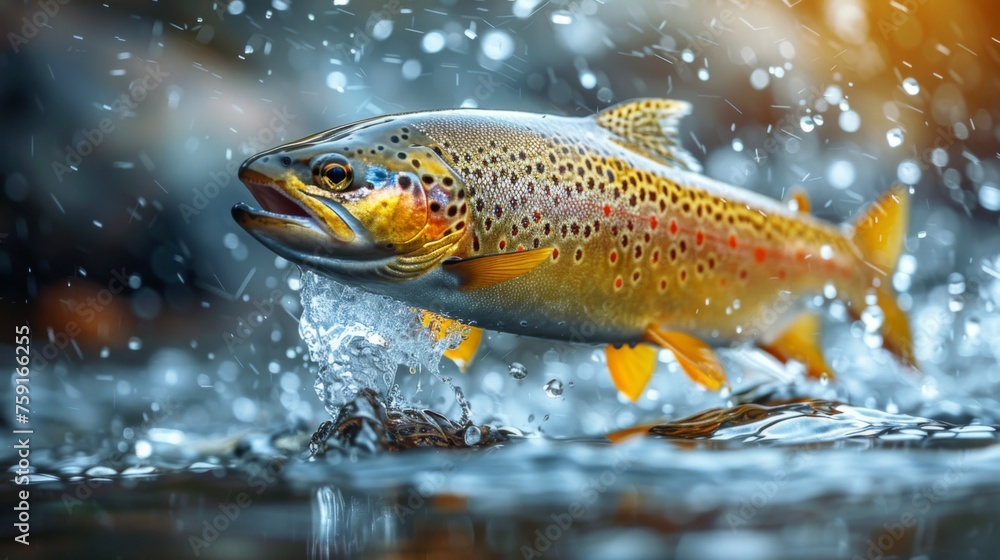 Rainbow trout jumping out of the water with a splash. Fish above water ...