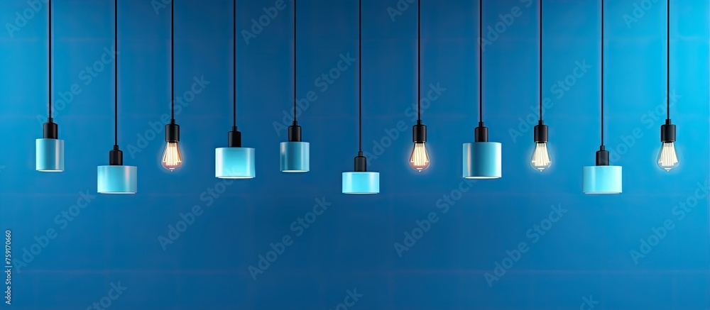 A series of electric blue light bulbs hanging symmetrically from the ...