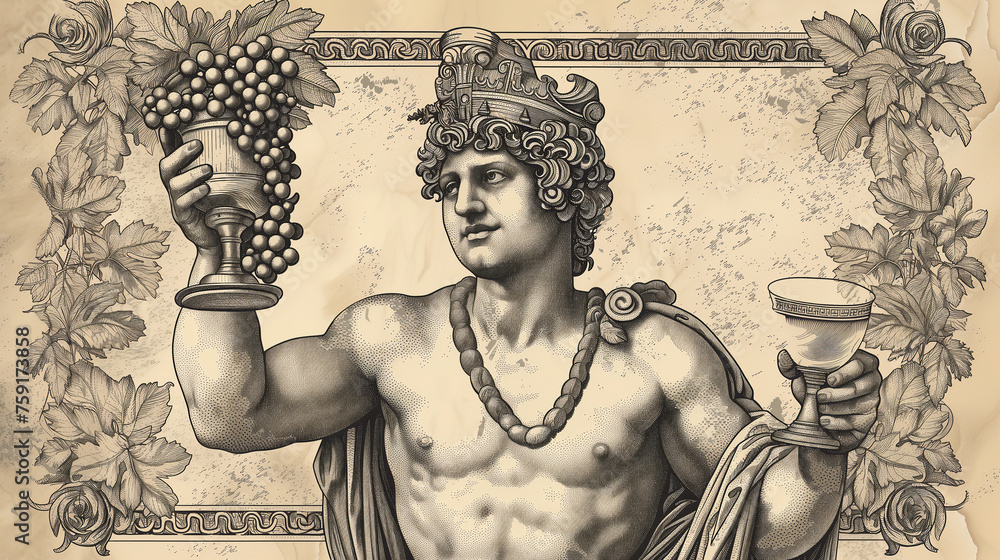Engraved portrait of Bacchus the Roman god of wine who's father was ...