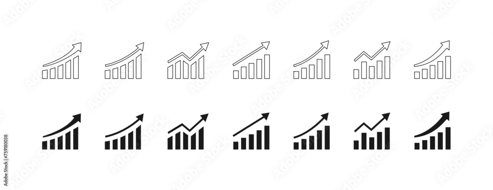 Vetor de Growing graph icon set in line style. Business chart with ...