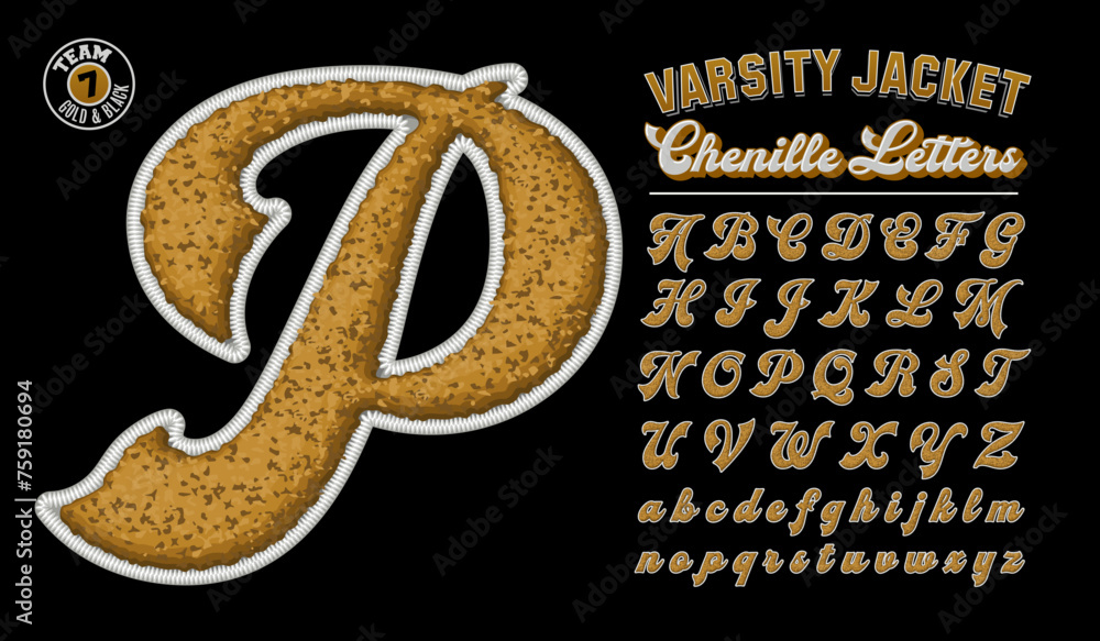 A collection of letterman jacket style letters, with a gold, white, and ...