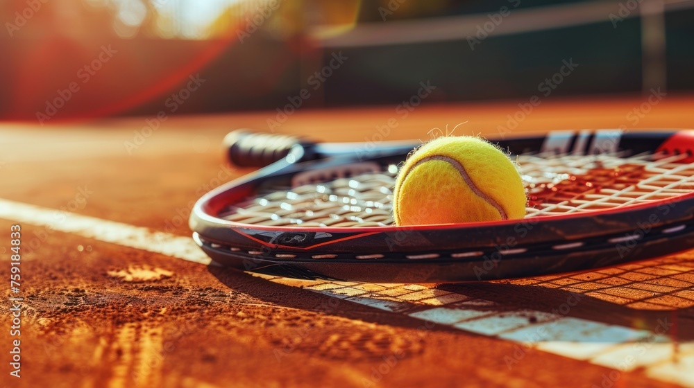 A tennis ball sits on the ground on a tennis racket. The racket is ...