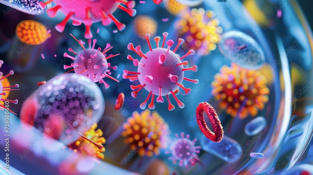 A chilling microscopic view of ominous bacteria and virus cells in a ...