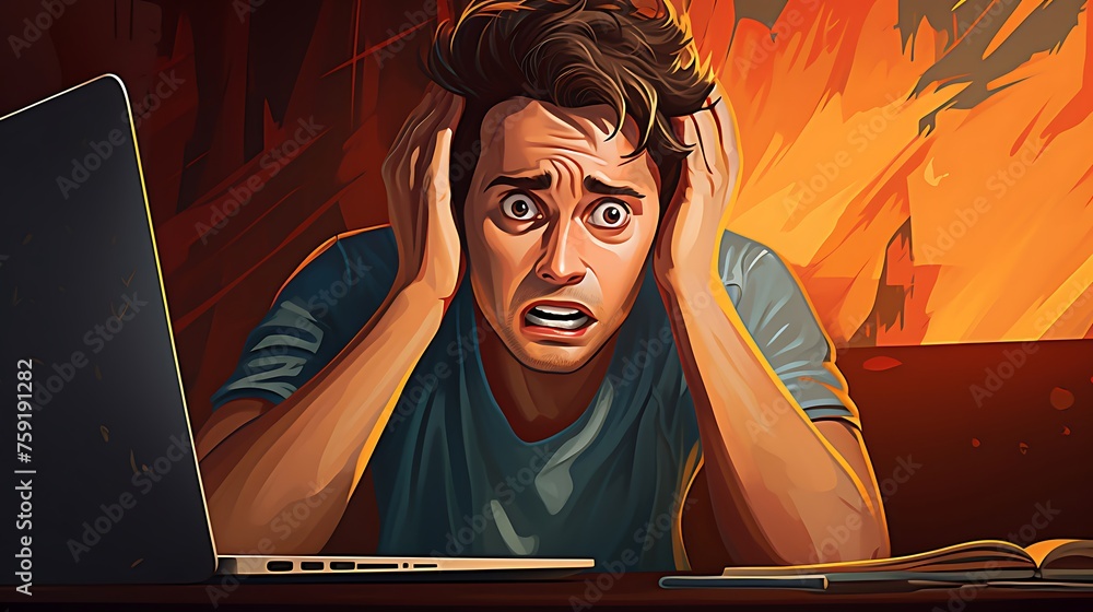 person with laptop. man working on a computer. Frustrated and worried ...