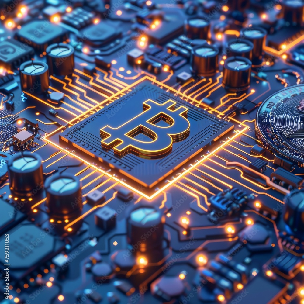 Bitcoin cryptocurrency symbol on digital circuitry. The intersection of finance and technology ...