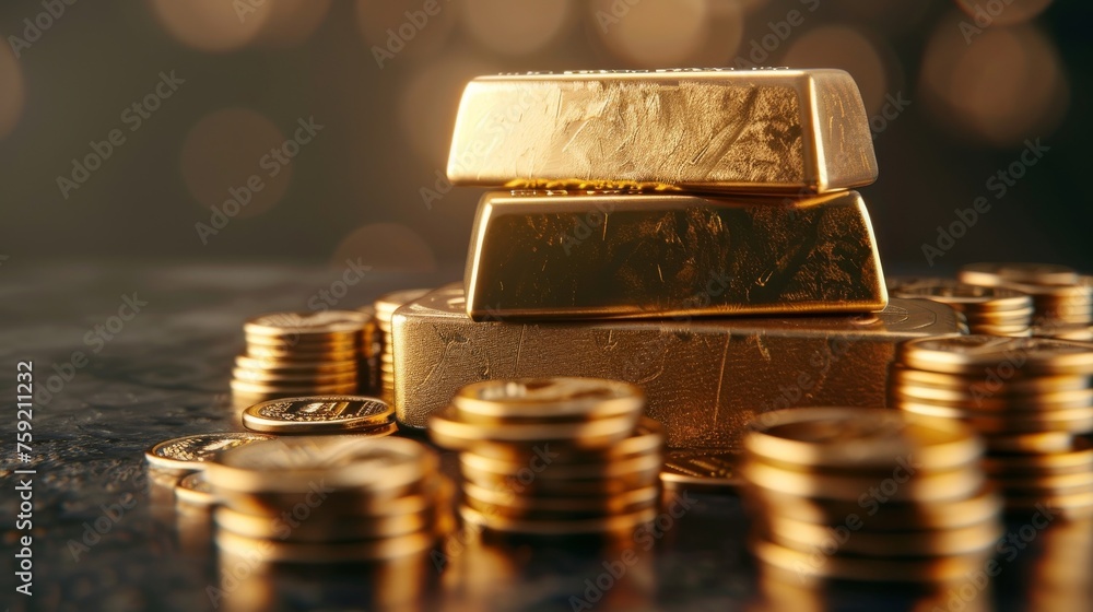 Gold bars stacked with surrounding coins representing wealth. Close-up ...