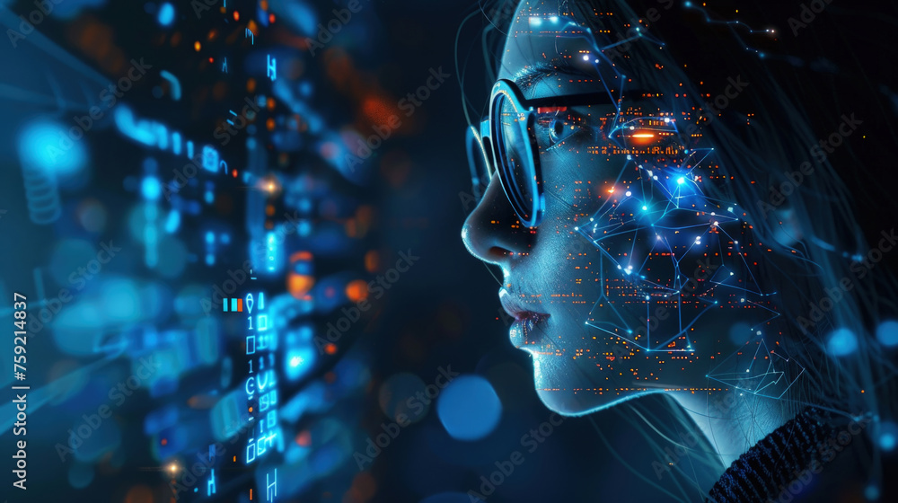 Womans face in front of futuristic backdrop, displaying blend of modern ...