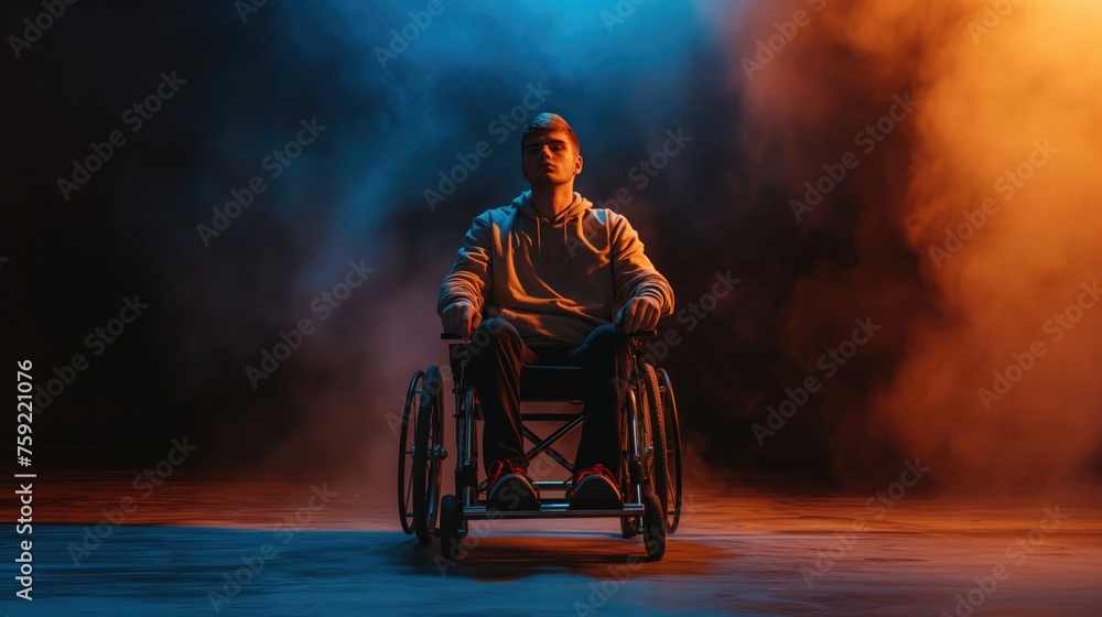 Disabled man in a wheelchair on a dark background with smoke. Concept ...