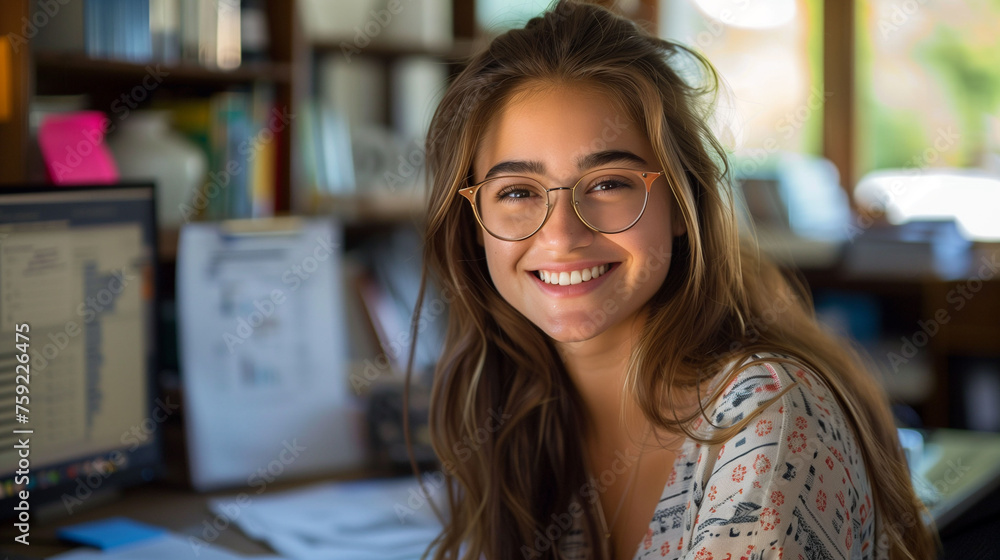 Smiling professional woman with glasses in front of computer monitors ...