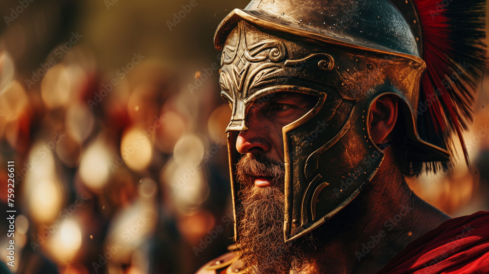 Close-up of a warrior in ancient Spartan armor with a helmet, focused ...