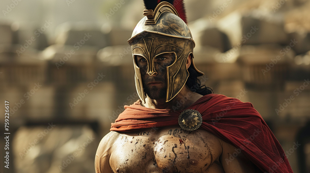 Ancient warrior in helmet and armor with a focused expression ...
