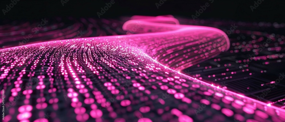 digital road illuminated by pink matrix of binary code. digital winding ...