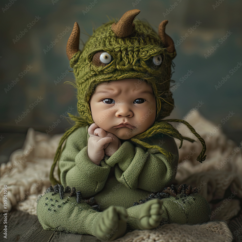 baby dressed in a cute monster Halloween costume professional portrait ...