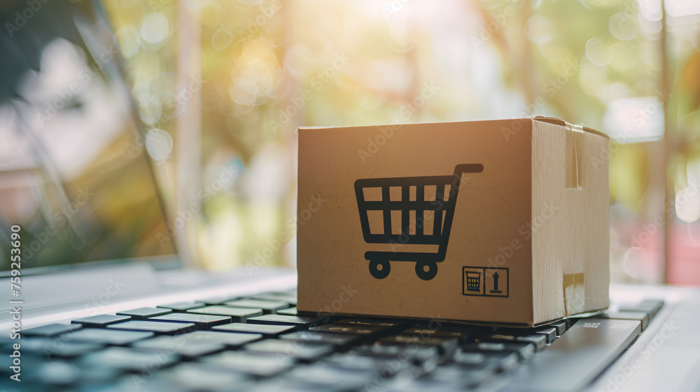 Shopping online. Cardboard box with a shopping cart logo in a trolley ...