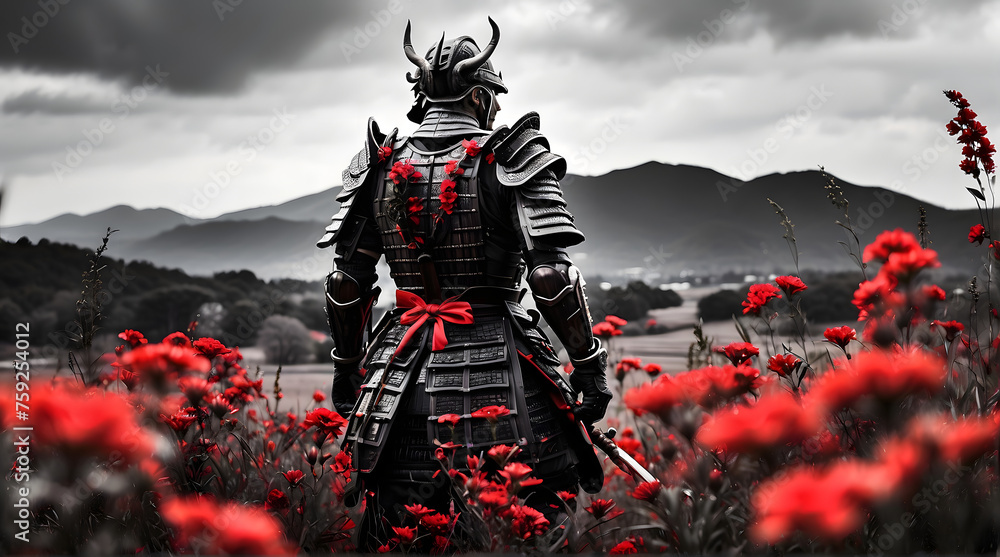 Samurai Warrior in a beautiful rose field, black and white and red ...