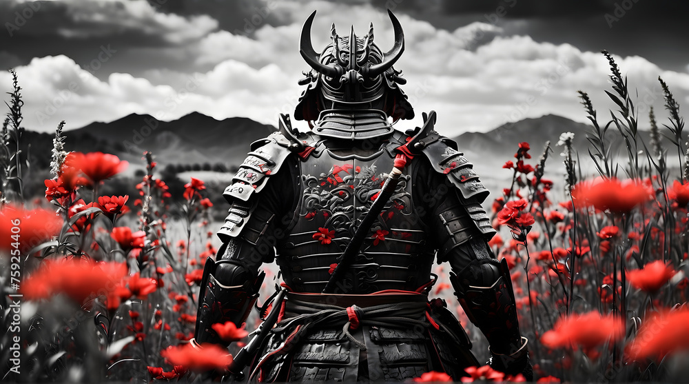 Samurai Warrior in a beautiful rose field, black and white and red ...