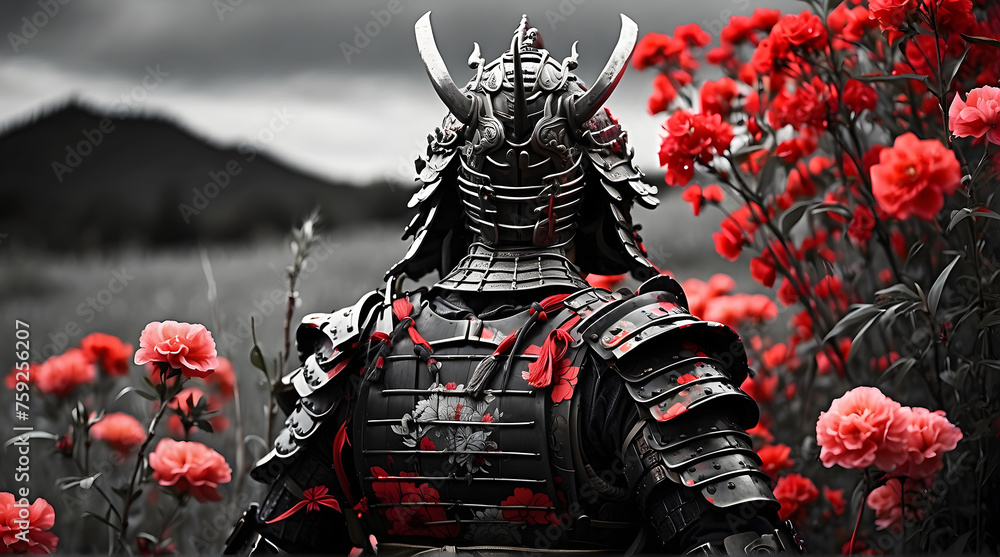 Samurai Warrior in a field, dark colors and red roses. Dragon Samurai ...