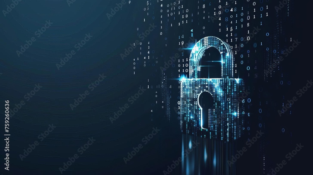 Cybersecurity and data protection concept, digital lock with binary ...