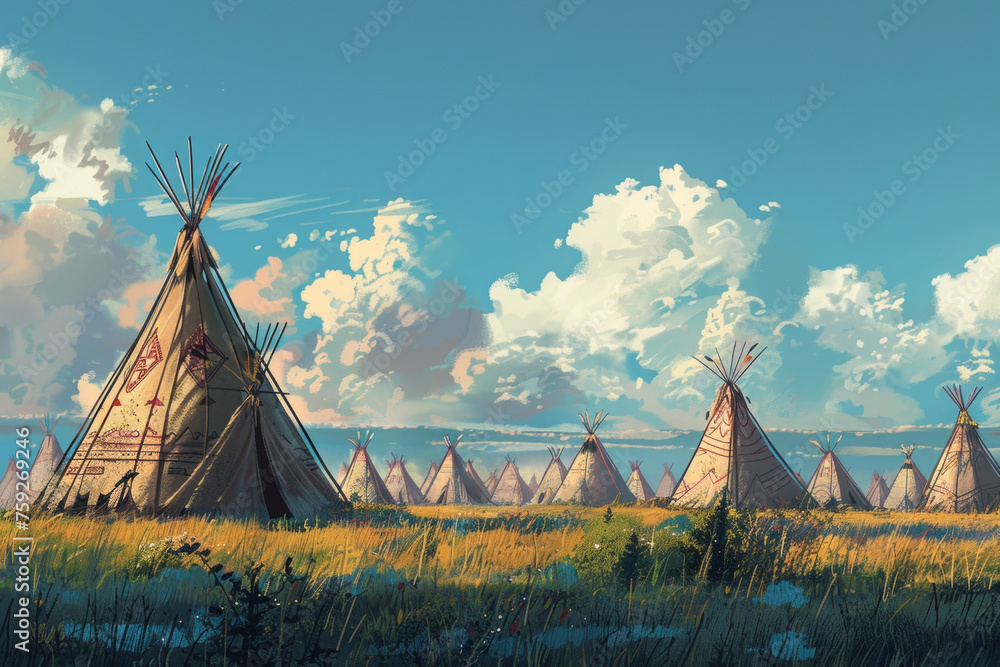 Artistic rendering of first nations tipis. Stock Illustration | Adobe Stock