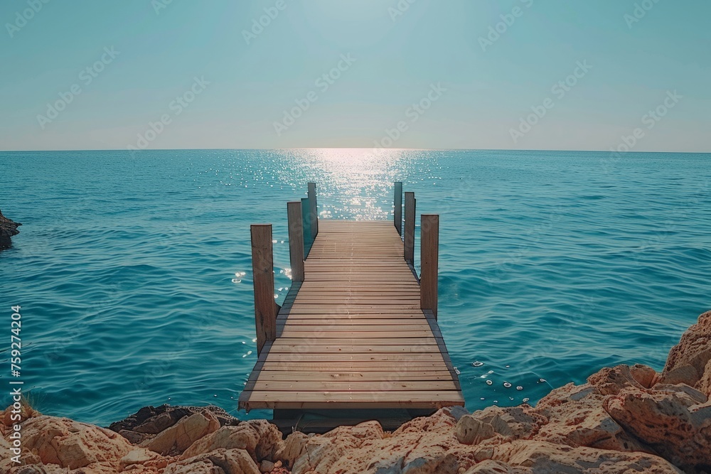 A wooden pier with a blue and white color scheme. The pier is located ...