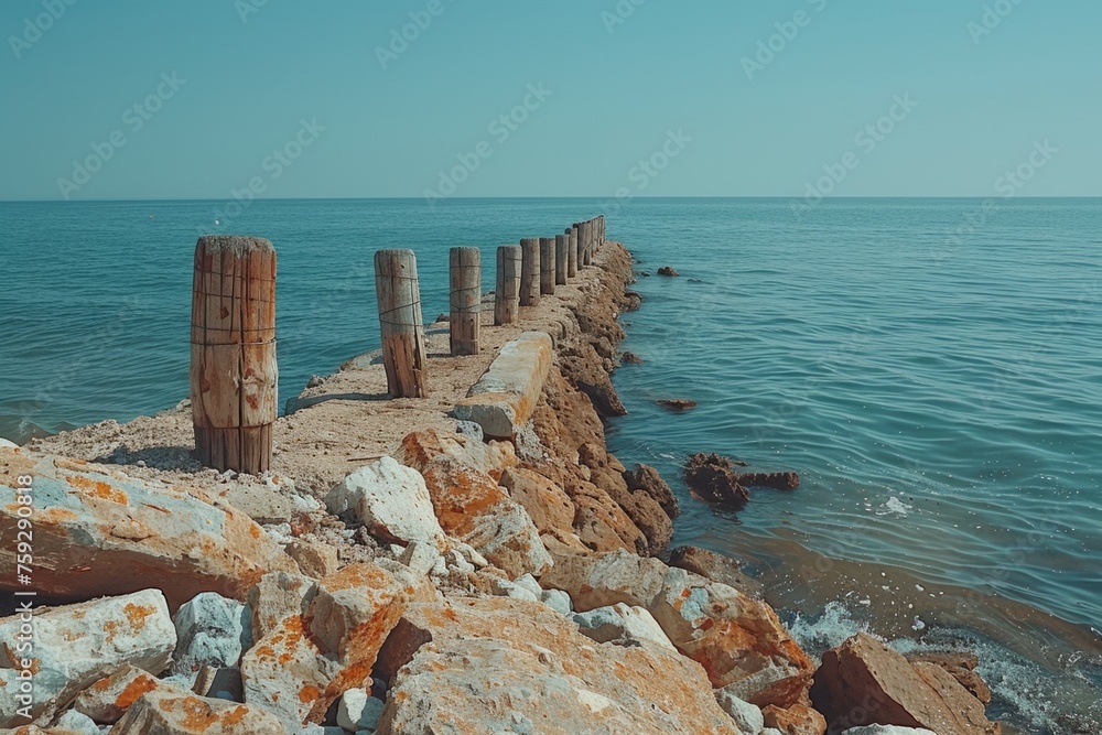 A wooden pier with a blue and white color scheme. The pier is located ...