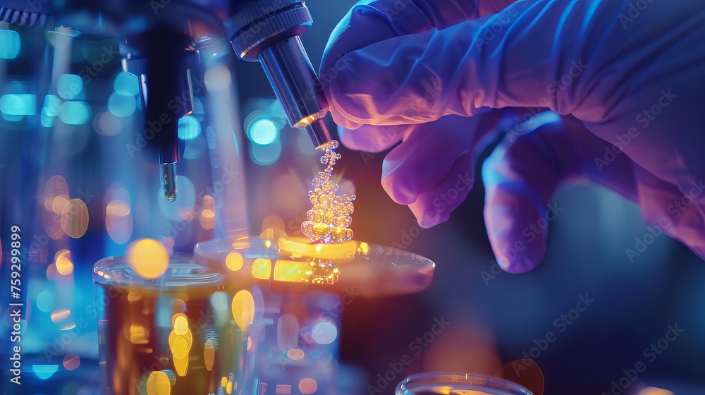 A scientist's hand placing a tiny sample for nanotechnology testing in ...