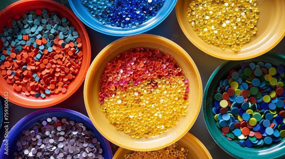 Colorful plastic granules and finished plastic plates represent ...