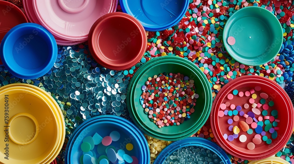 Colorful plastic granules and finished plastic plates represent ...