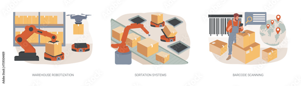 Sorting parcels isolated concept vector illustration set. Warehouse ...
