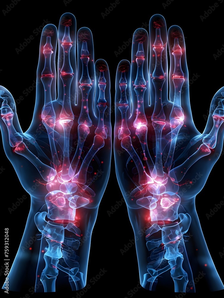 Medical illustration of arthritis in the hands, highlighted in red on ...