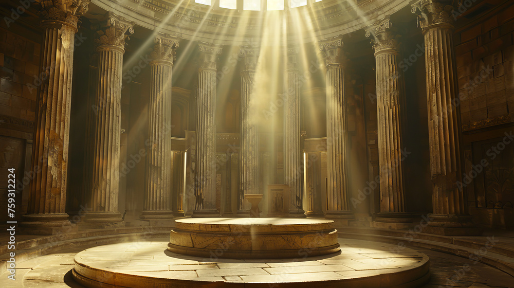 Ancient Greco-Roman hall interior with a circular stone podium ...
