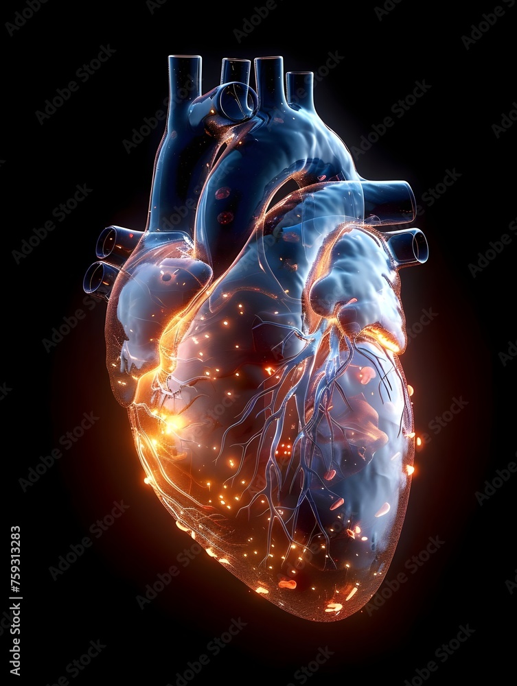 Medical illustration of heart disease, highlighted in red on the heart ...